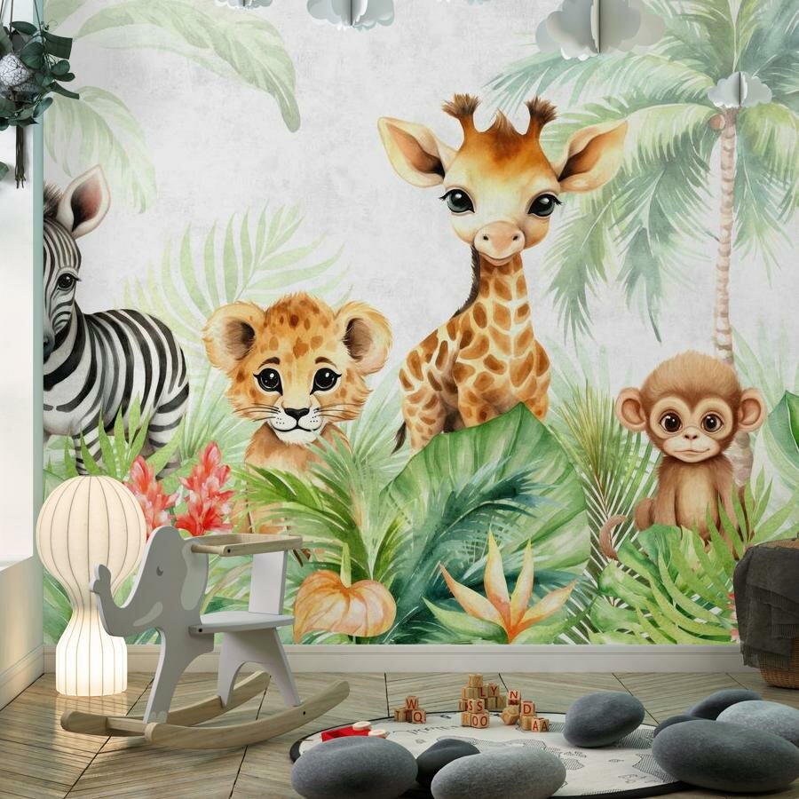 Фотообои Жираф и зебра под пальмой 12-1835-S-Флок 270 x 200 см (ВхШ) Бесшовные, флизелиновые, влагостойкие обои