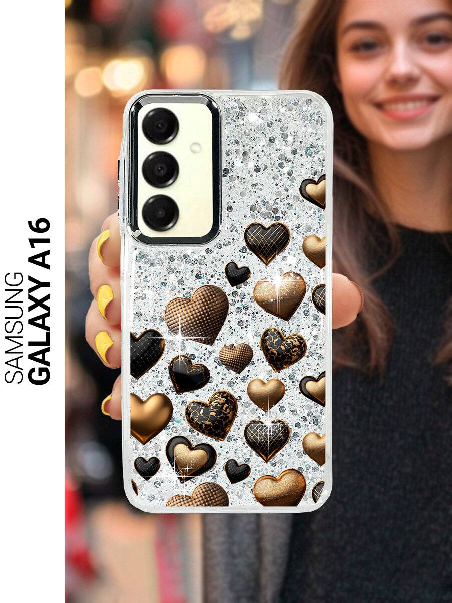 Силиконовый чехол на Samsung Galaxy A16 с принтом "Паттерн из черно-золотых сердечек" с блестками серебристый