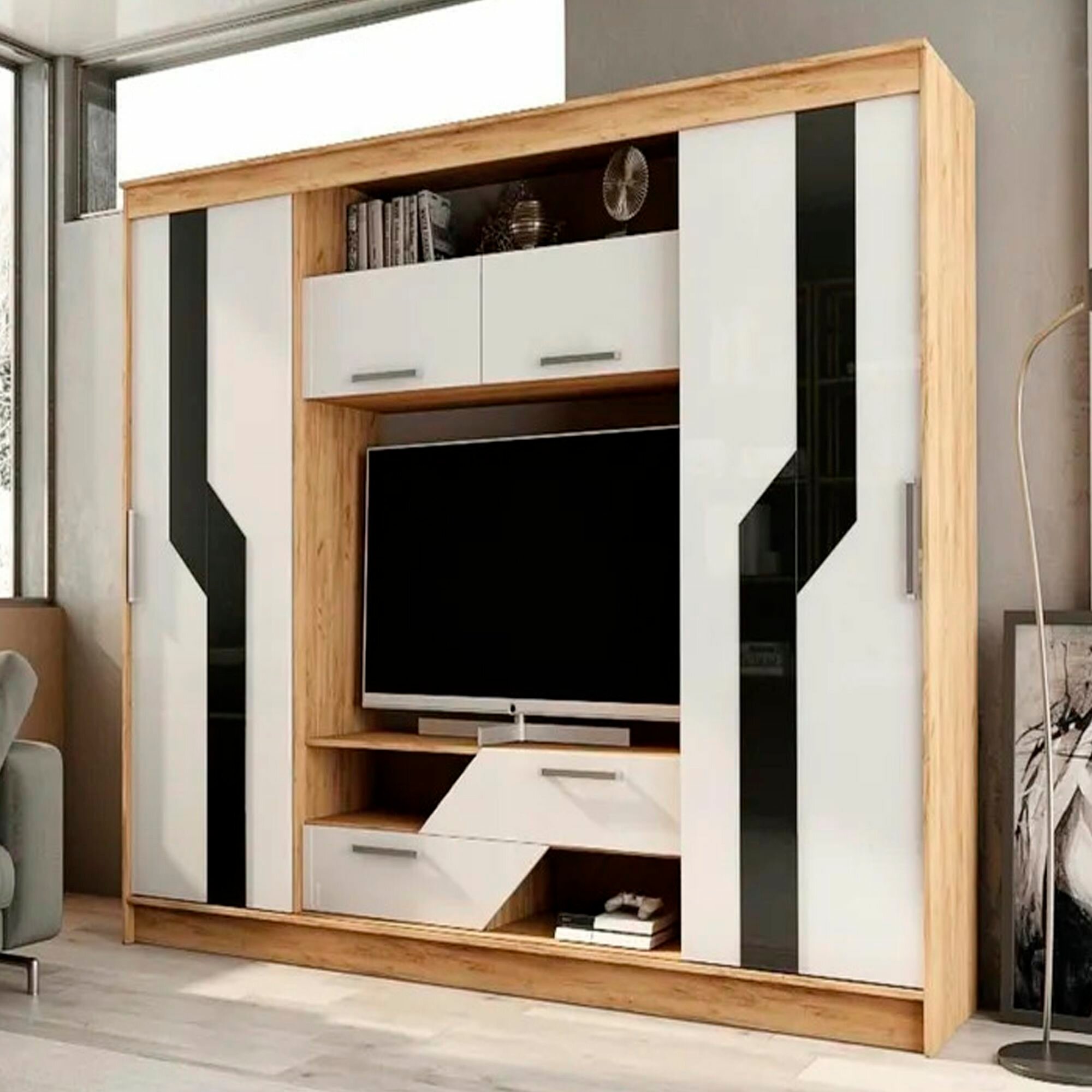 Cтенка в гостиную Кармен Дуб вотан / Белый глянец, под телевизор со шкафом витриной, напольная, горка в гостиную, в зал, тв зона, ширина 250 см, с стеклом