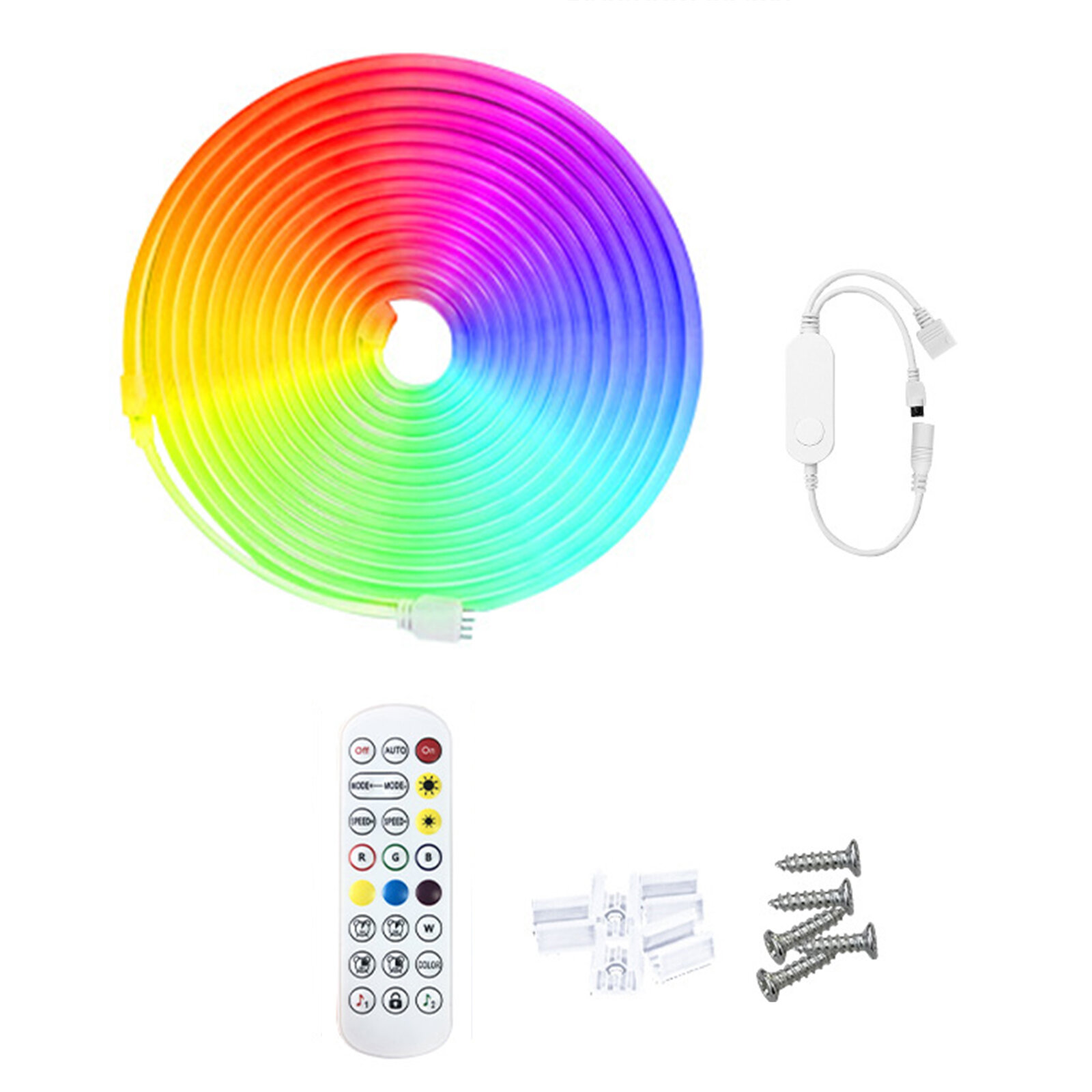 Лента светодиодная RGB, длина 5м/10м, контроль через BT/кий пульт, поддержка функции звука, гибкая силиконовая, DIY моделирование, адаптер 3 варианта, упаковка 19.3*18.7*6см (5м)/23*23*7см (10м), вес 666г (5м)/1070г (10м), в комплект входят лента,