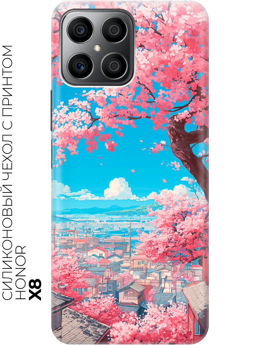 Силиконовый чехол на Honor X8 с принтом "Аниме сакура над гаванью мечты"