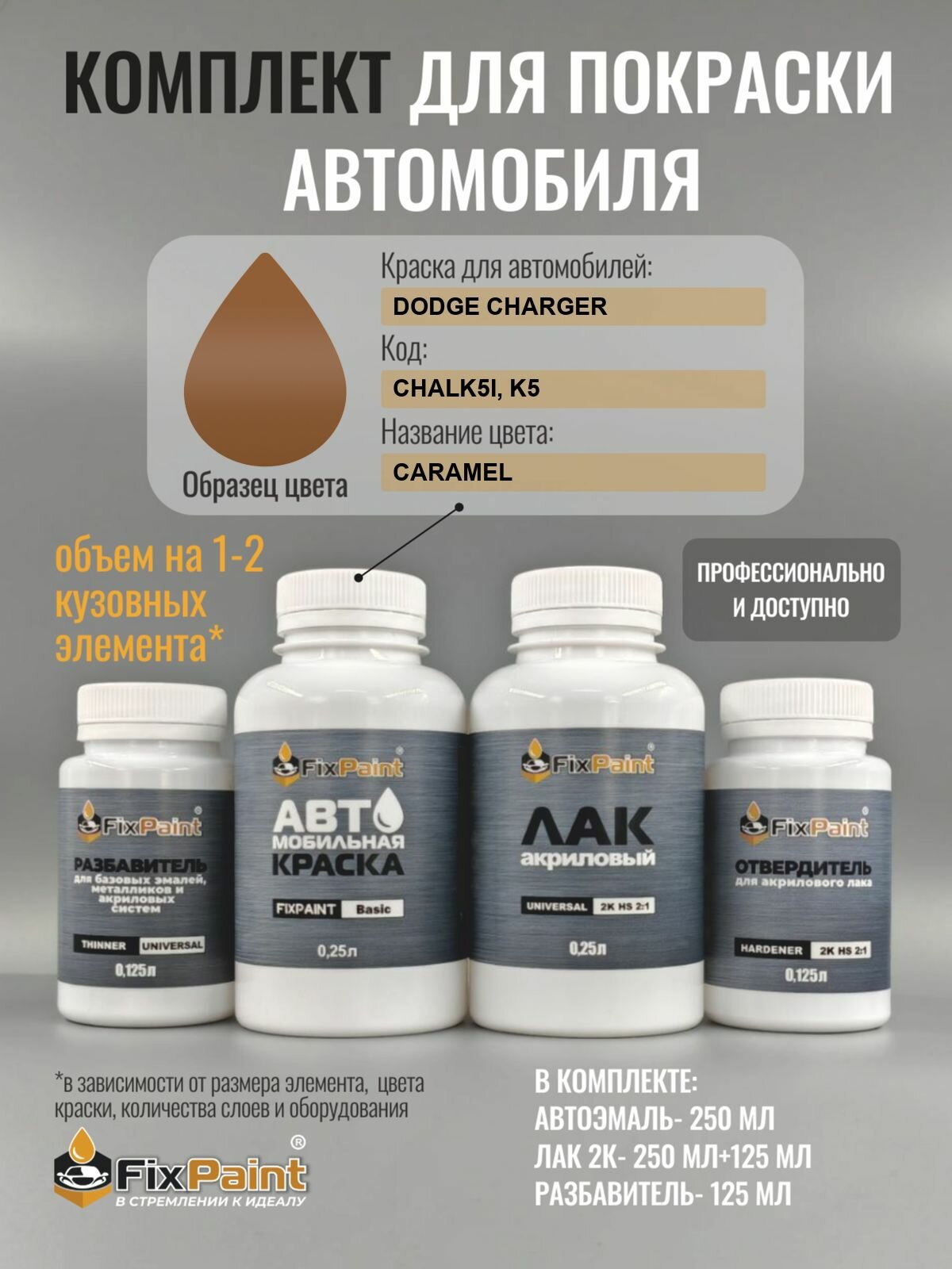Комплект для покраски DODGE CHARGER, код CHALK5I, K5, CARAMEL, базовая автомобильная эмаль 250 мл, лак 2K 250 мл с отвердителем, разбавитель 125 мл, FixPaint Pro