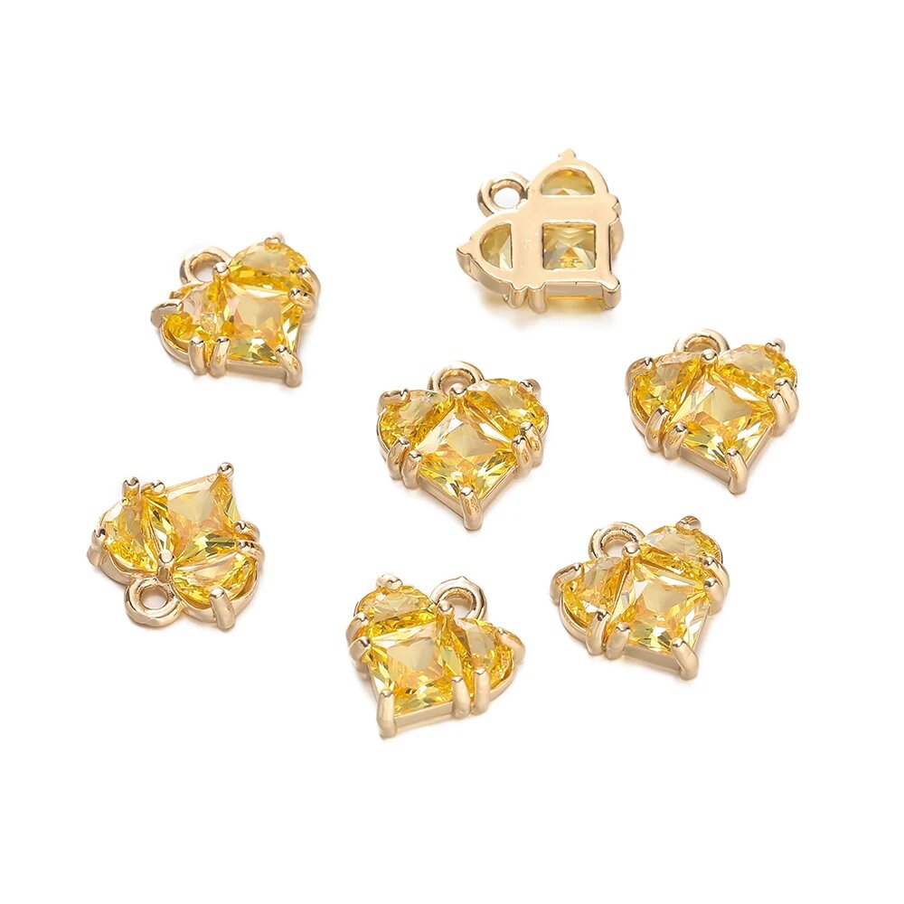 Шармы сердечки из меди с цирконом, Yellow, 2 шт.