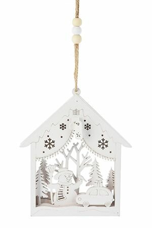 Ёлочная игрушка домик - дружелюбный снеговик, дерево, 13 см, Koopman International GR9120450-1
