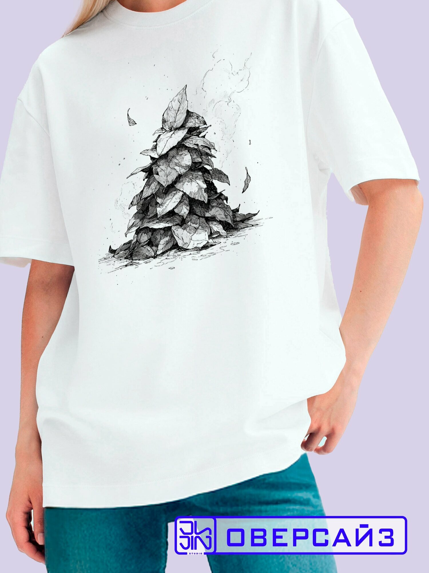 Футболка оверсайз женская с принтом Куча осенних, сухих листьев в минималистичном черно белом графитовом лесу, белый хлопковый трикотаж с прикольным рисунком на груди