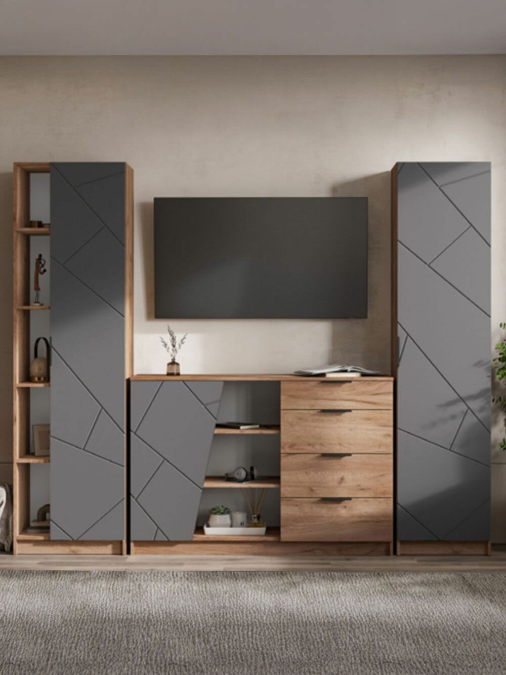 Гостиная комплект Орегон, комод, шкаф, 250х40х210 см, Дуб Крафт табачный, ЛДСП / Асфальт супермат, МДФ