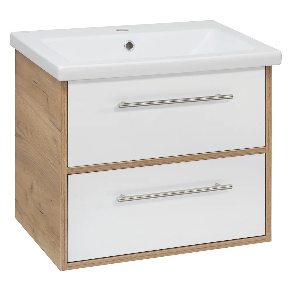 Тумба с раковиной Aqua de Marco Melbourne V.2.0 60 подвесная, 60 см, белая, светлое дерево, глянцевая, из МДФ, с ящиками, раковина для ванной, фарфоровая, прямоугольная, встроенный слив-перелив