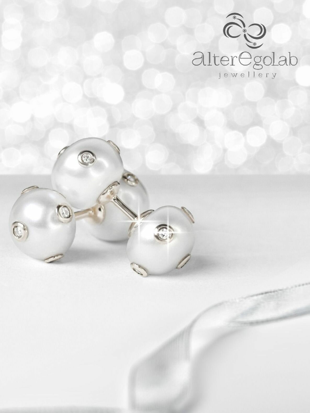 Серьги пусеты AlterEgolab, серебро, 925 проба, родирование, жемчуг, фианит, , белый — фото 1