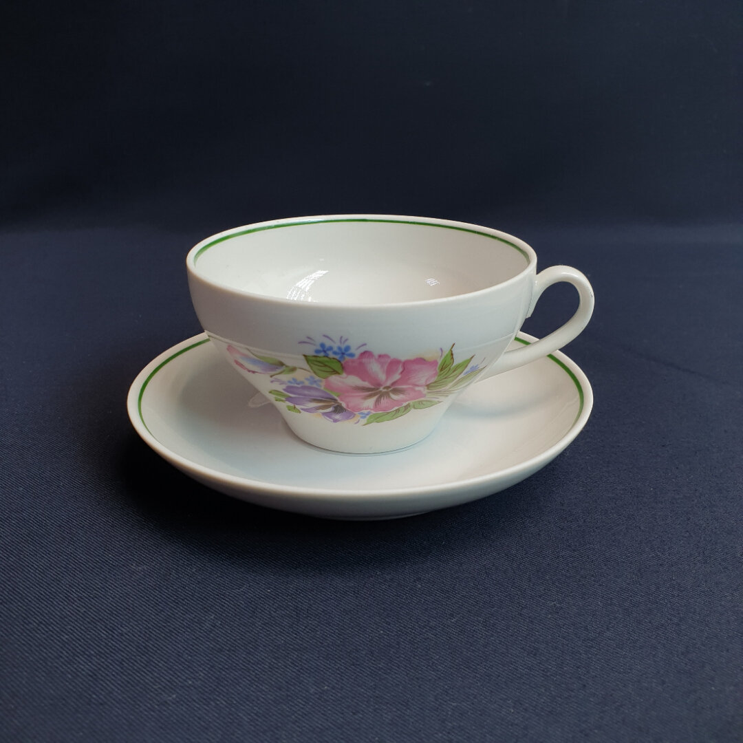 Чайная пара Дулево, фарфор деколь 190 мл, винтаж Россия