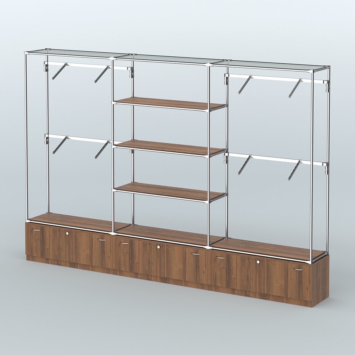 Торговая система хром без ДСП 3600 мм с тумбами Т11, полками ДСП и поручнями №3, Орех