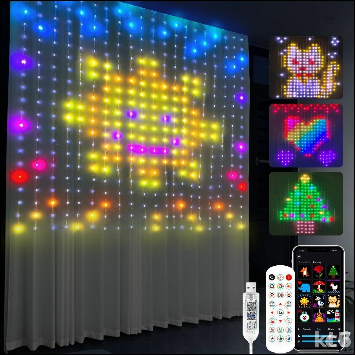 2 М x 2 м, интеллектуальное программируемое управление 5 В USB LED RGB smart curtain light, подходит для окон спальни, украшения вечеринки на День святого Валентина, выставки в магазине
