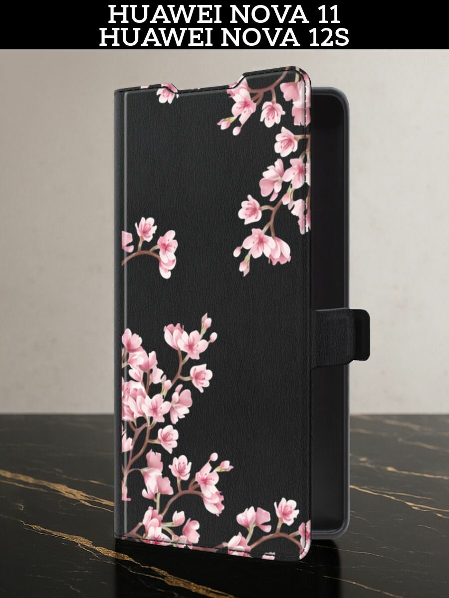 Чехол-книжка на Huawei Nova 11 / Nova 12S (Хуавей Нова 11 / Нова 12S) с картой и принтом "Весенняя сакура"