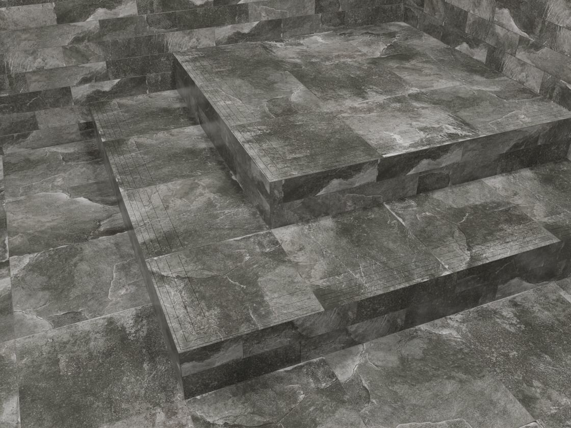 Высокопрочная клинкерная плитка 29,8Х29,8 Касл Рок 5, графит, 1,51м2, ступень угловая