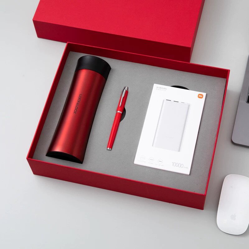 Подарочный набор: термос-чашка Lock&Lock, аккумулятор Xiaomi, ручка - Красный