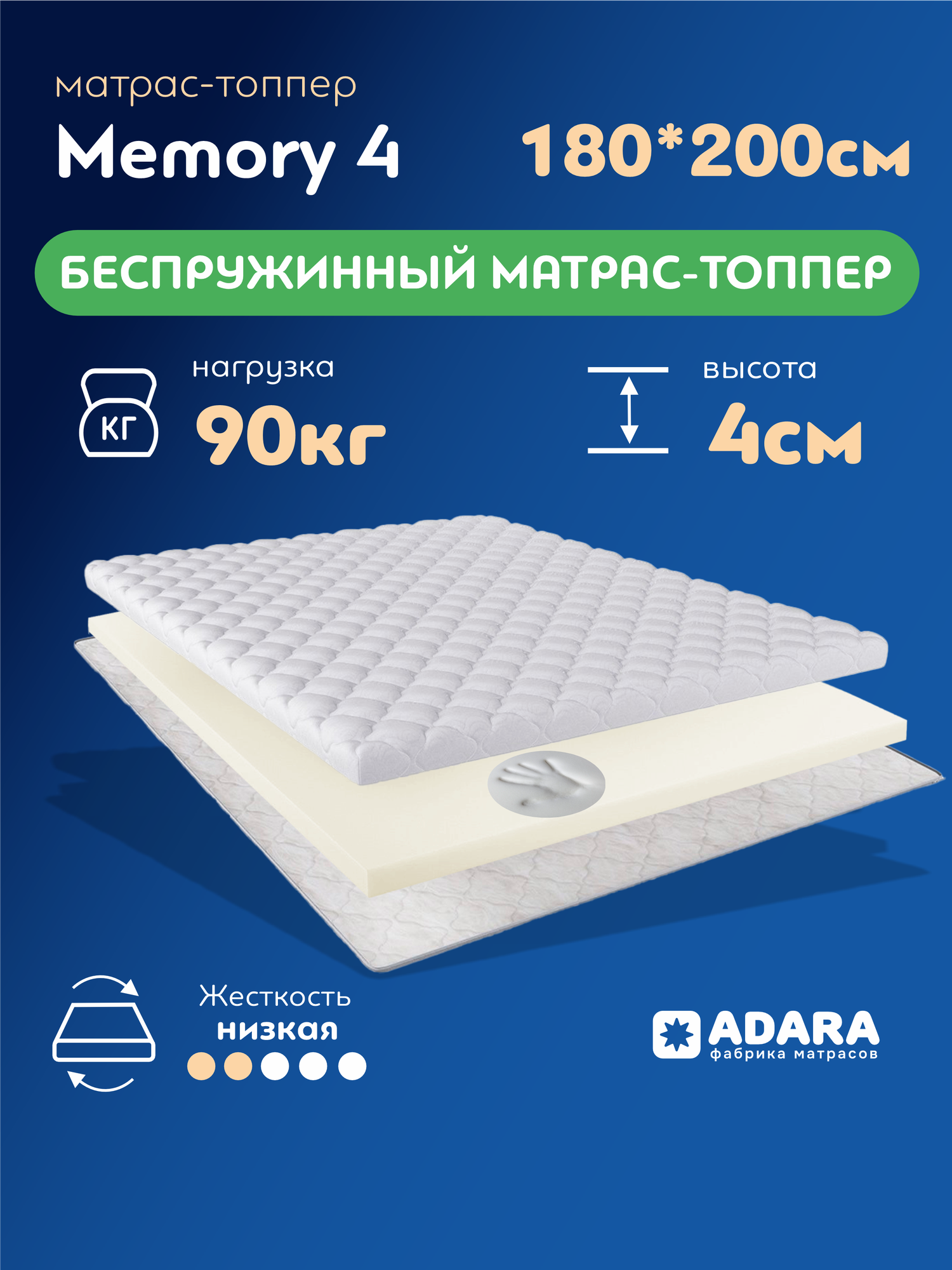 Топпер Adara Memory Foam Dreams, ортопедический, эффект памяти, 180 см x 200 см