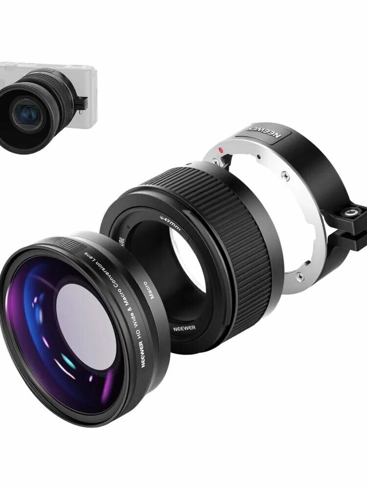 NEEWER Широкоугольный объектив, совместимый с камерой Sony ZV1, 2 в 1: 18mm HD широкоугольный объектив и 10x макрообъектив с удлинительным кольцом, байонетный адаптер, чистящая салфетка