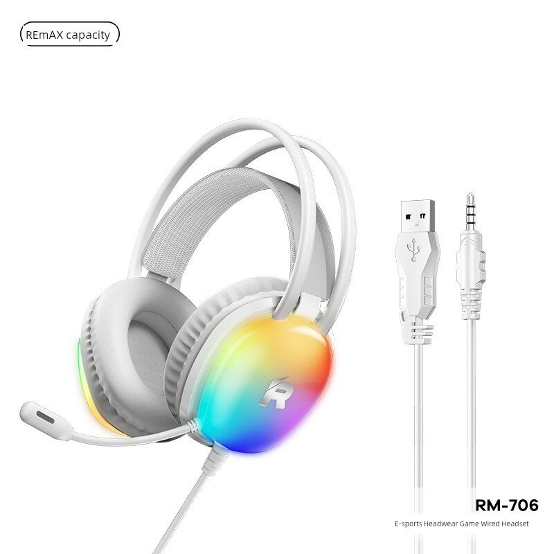 Remax RM-706 Проводная игровая гарнитура с RGB-подсветкой, высококачественным звуком для ПК, цвет: бежево-белый