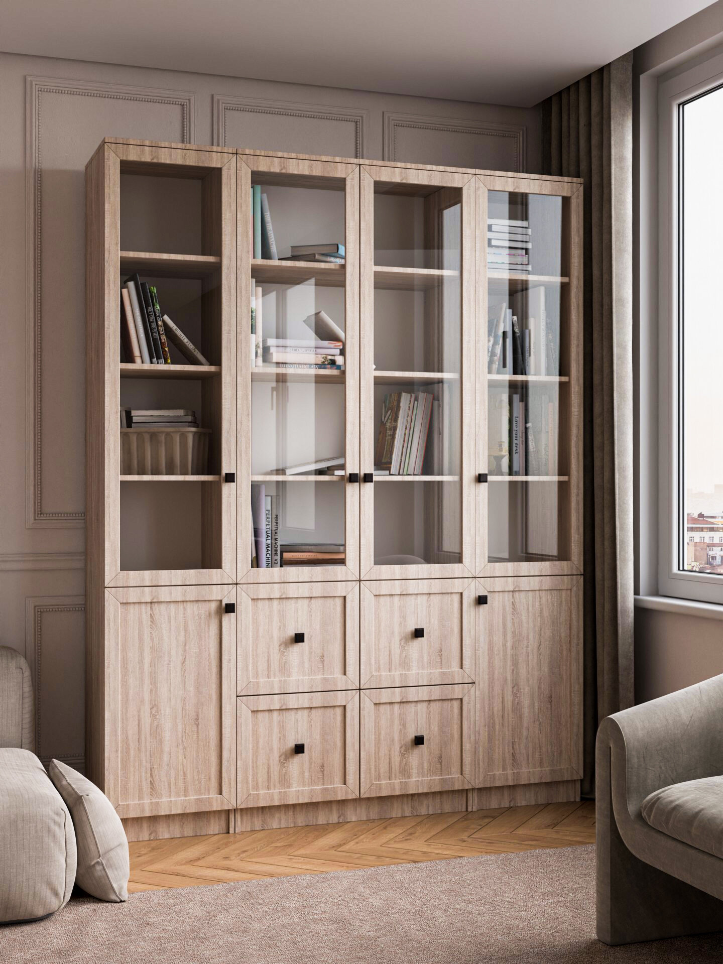 Шкаф для книг Вест 4.4, 136х38х210 см, со стеклом, шкаф для домашней библиотеки, с полками и ящиками, дуб сонома