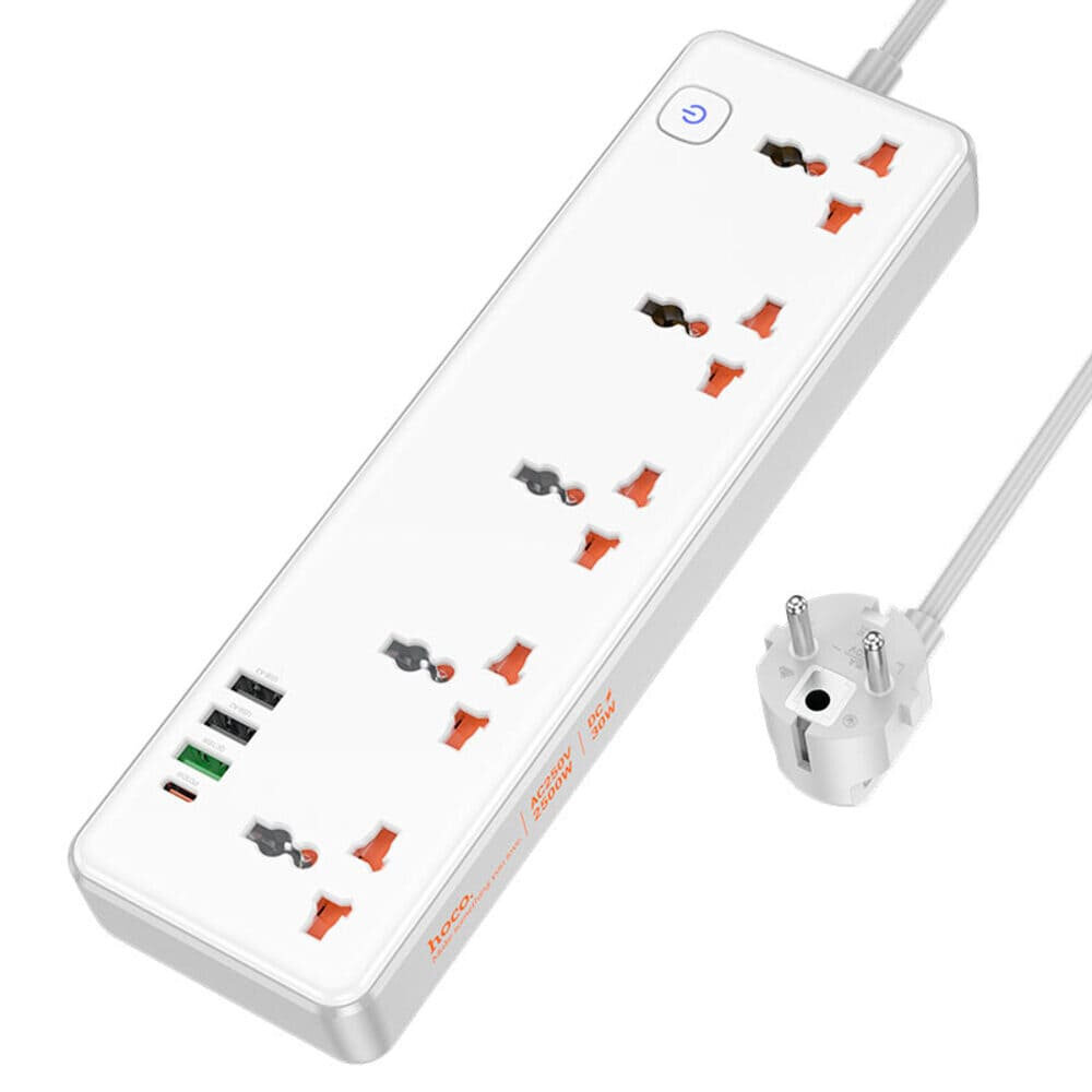 Сетевой фильтр на 5 розеток+3 USB+1 PD, 1.5м, AC14A, HOCO, белый