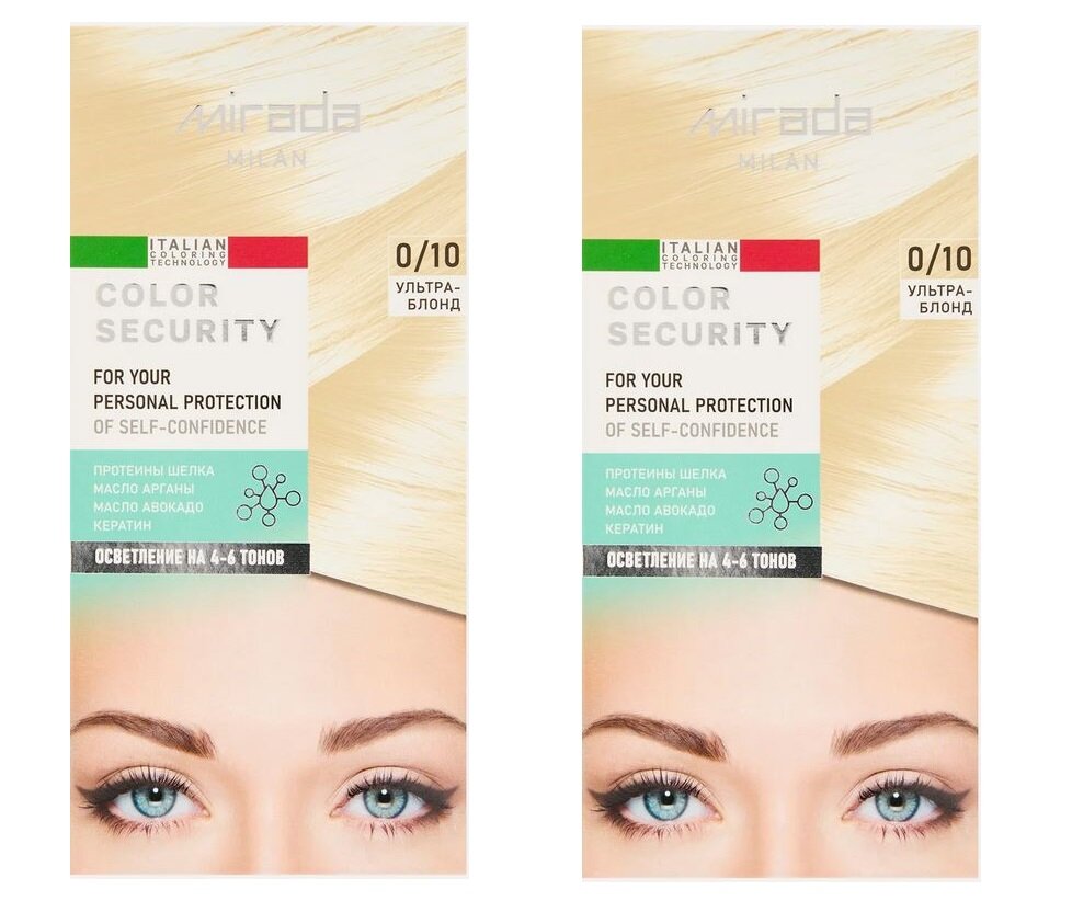 Краска для волос MIRADA Color Security с протеинами шелка и кератином, ультра-блонд 0.10, осветление 4-6 тонов - 2 штуки