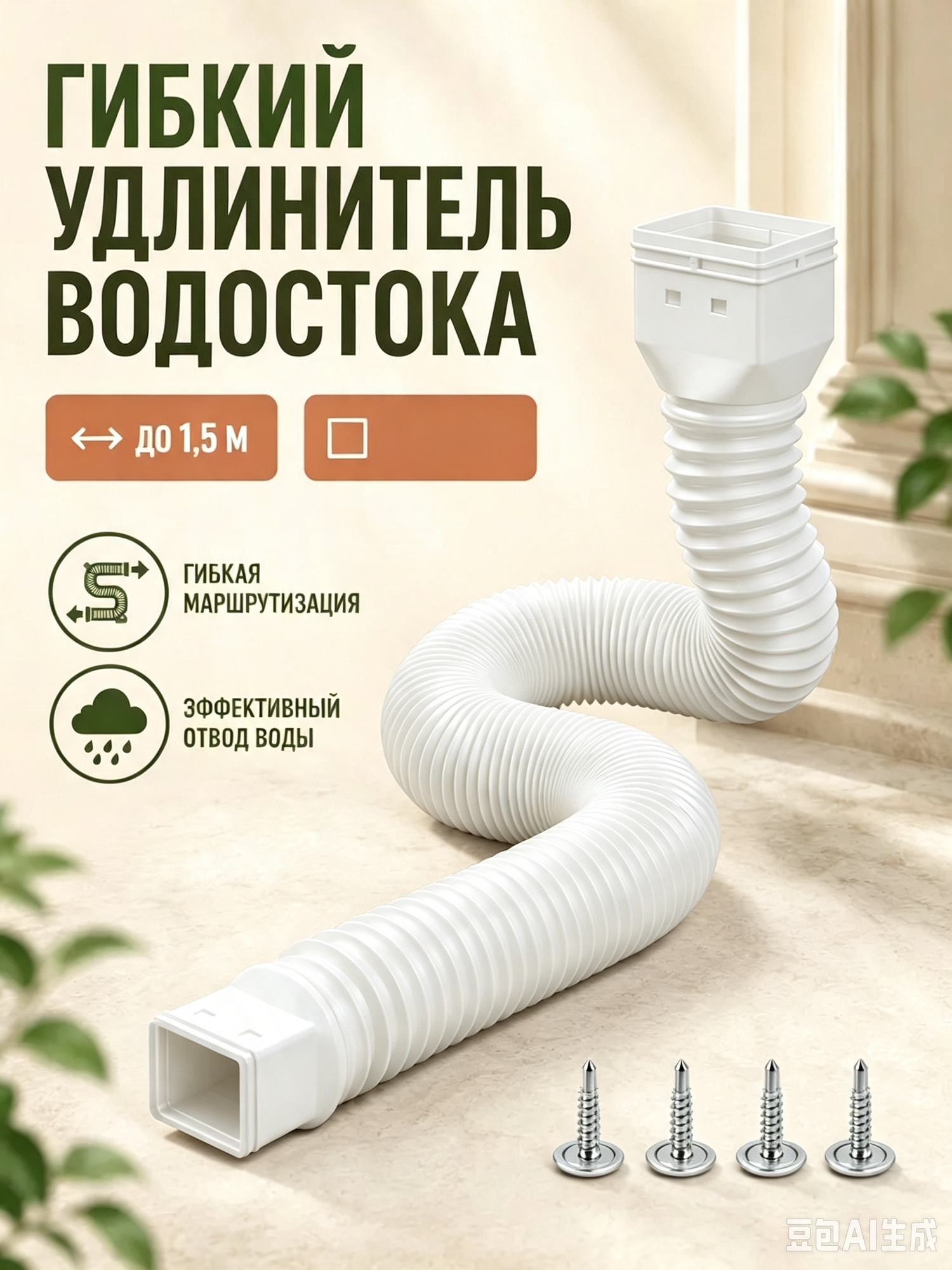 Белый гофрированный водосточный шланг ПВХ, растягивается 50–148 см, гибкий слив для кровли дачи и коттеджа на улице