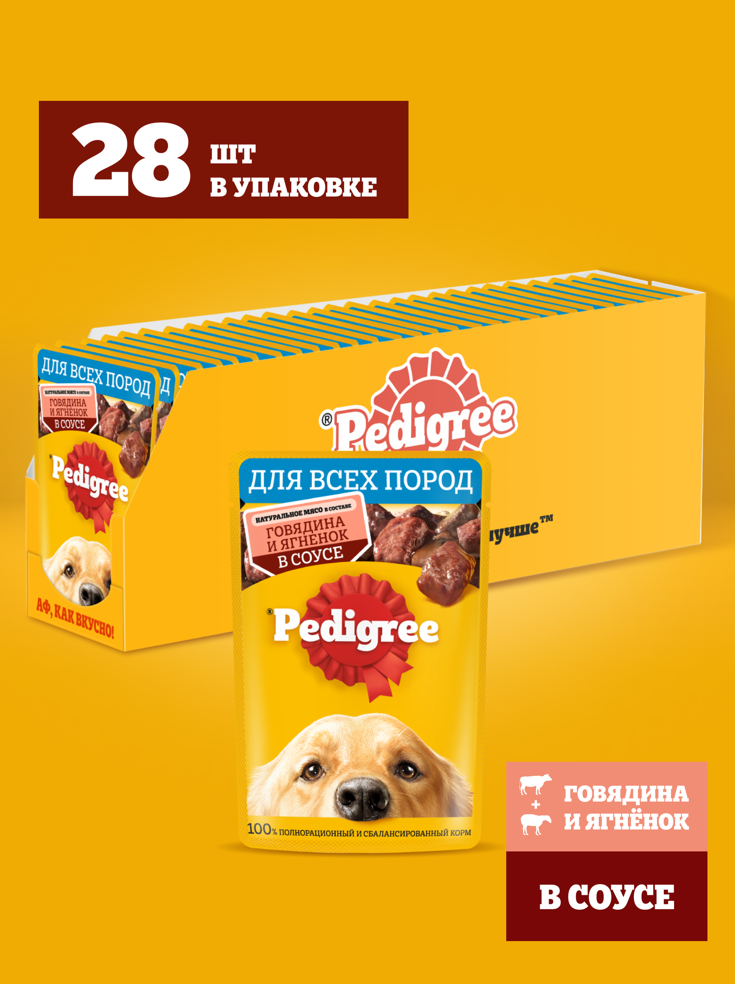 Влажный корм PEDIGREE для взрослых собак всех пород, с говядиной и ягненком в соусе, 28 шт по 85 г