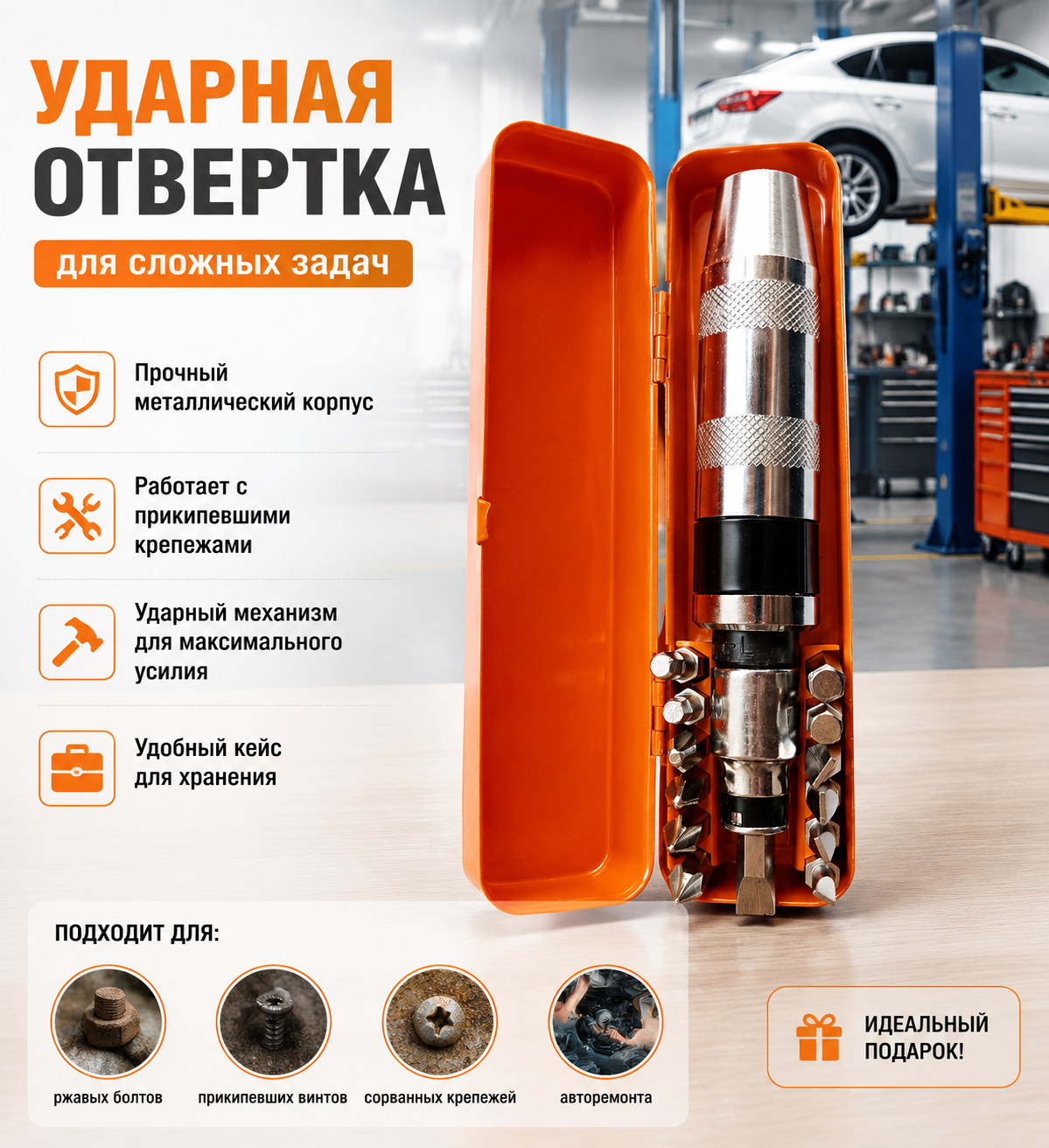 Ударная отвертка с комплектом 12 бит и кейсом / Ударно поворотная отвертка