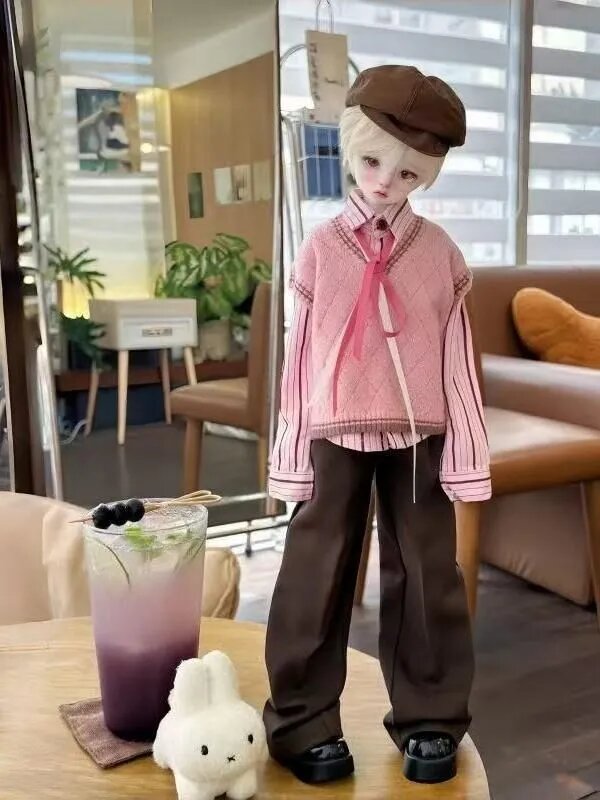 Одежда для куклы BJD 1/4, комплект: жилет + рубашка + брюки + кепка + бант, розовый