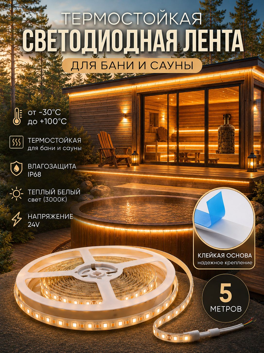 Термостойкая светодиодная лента для бани и сауны 5м мощностью 10 Вт/м. 24В, самоклеящаяся с теплым белым светом 3000К для декоративного освещения бассейна, кухни, улицы и сада, аквариума защита IP68