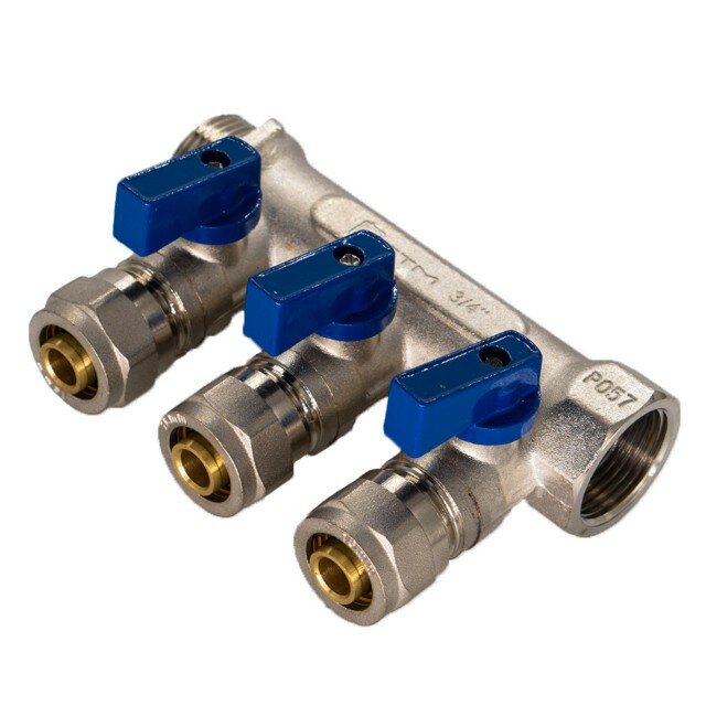 CTM латунный коллектор 3 выхода для МП труб 3/4 х 16 мм с надежными отсечными кранами