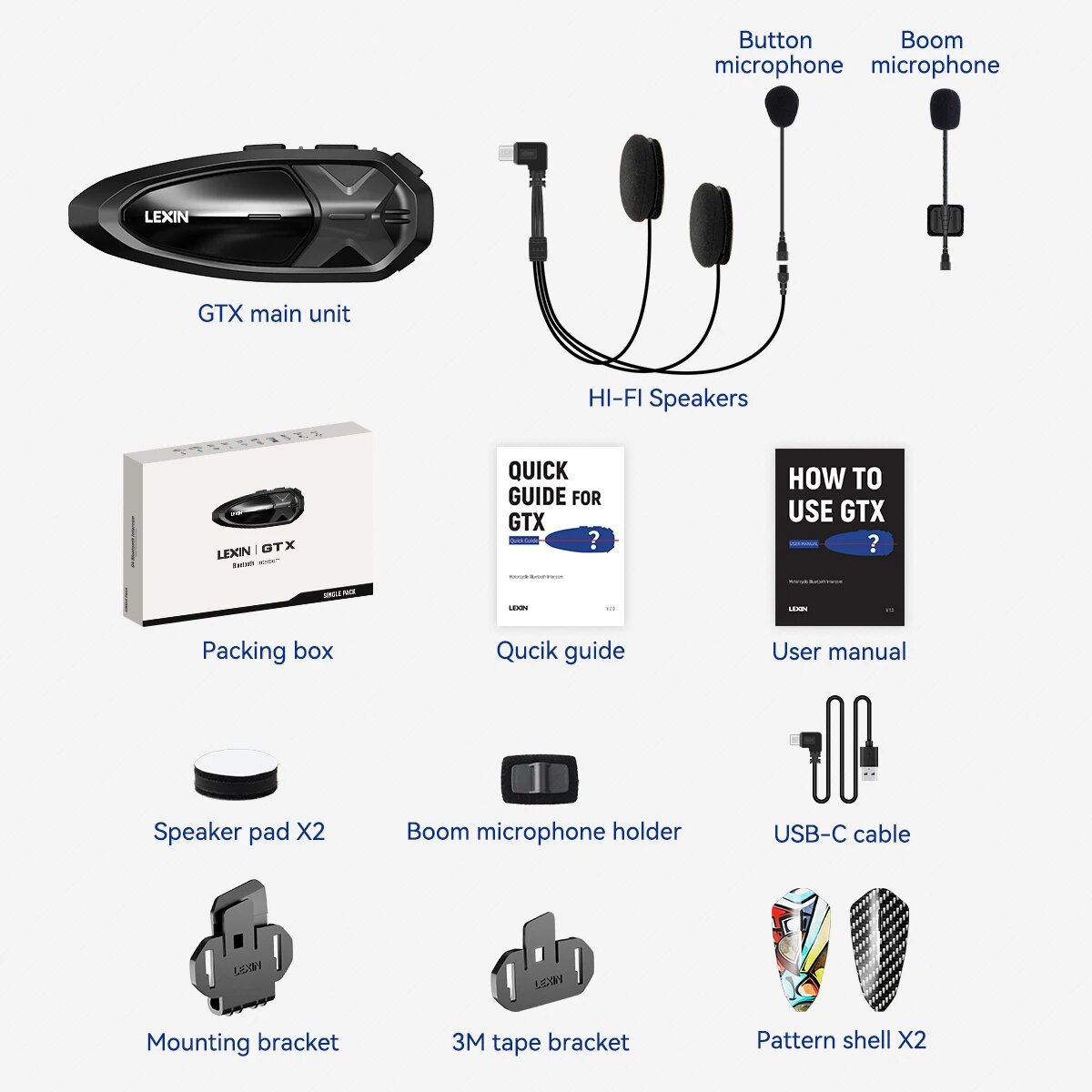 Lexin GTX Intercom Bluetooth для мотоциклетного шлема, гарнитура, поддержка домофона и прослушивания музыки в одном времени, 10 гонщиков, 2000 м Single pack 1PC