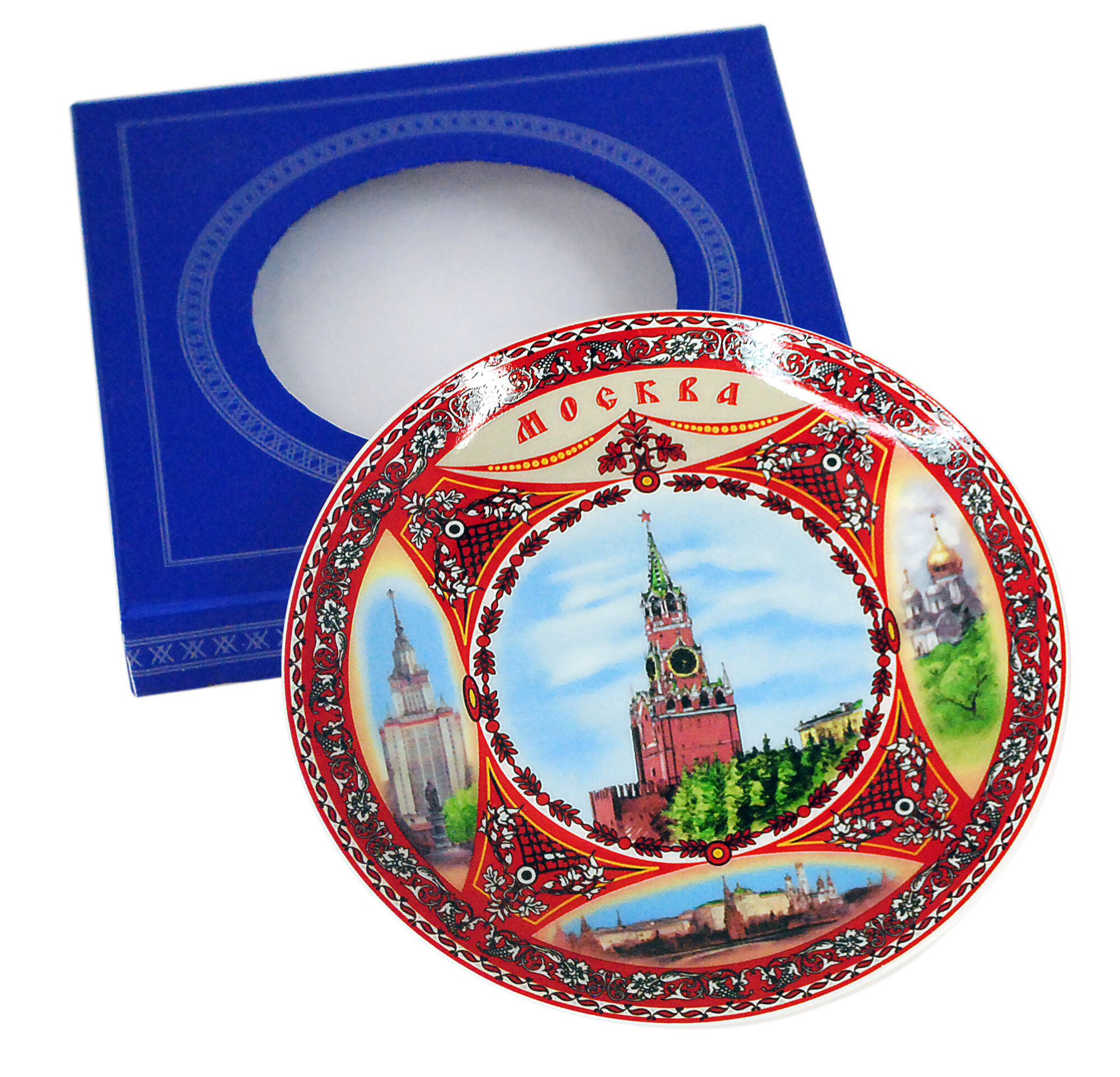 Тарелка фарфоровая сувенирная в подарочной коробке, город Москва, "Башня Московского Кремля" 15 см.