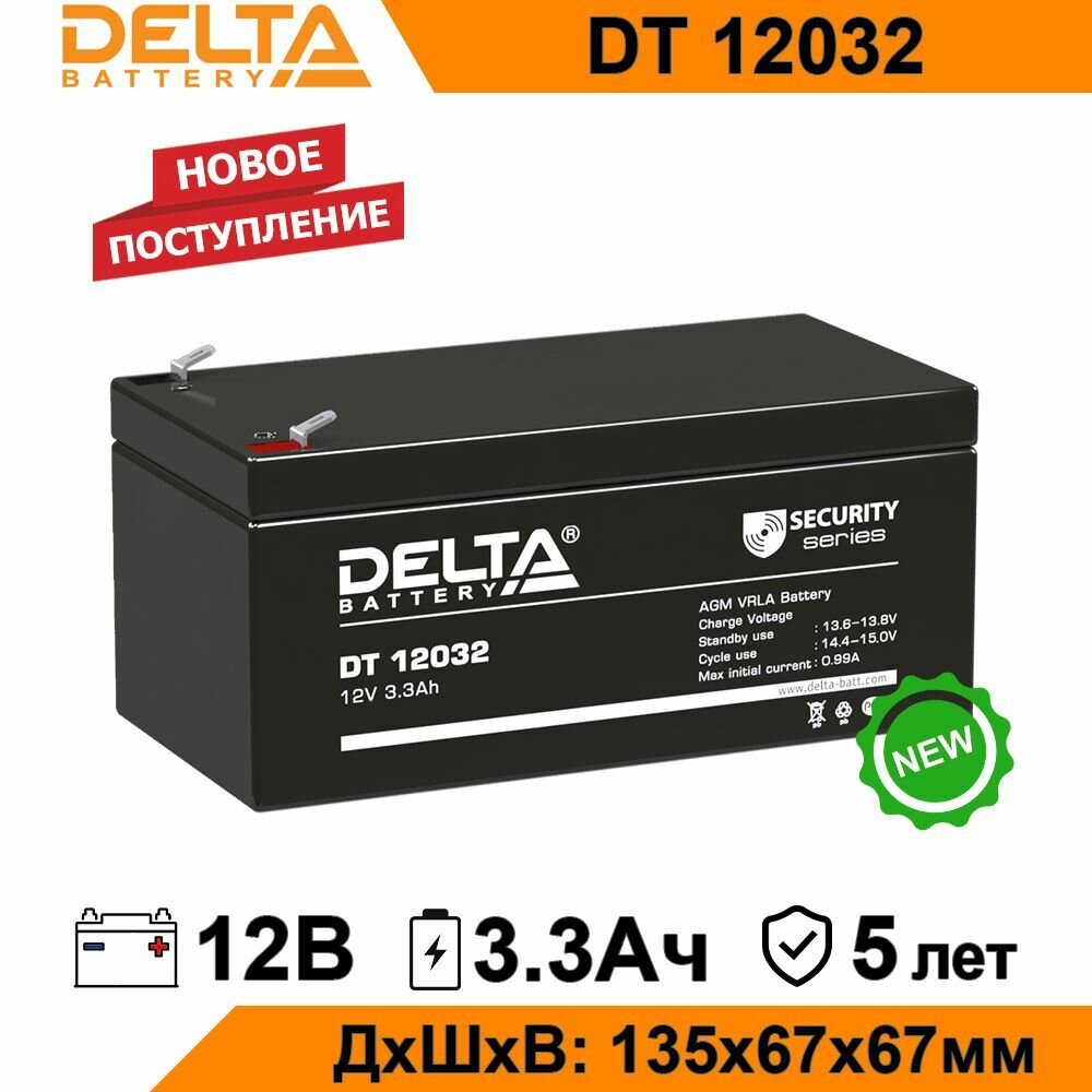 Аккумулятор Delta DT 12032 12В 3,3Ач (12V 3.3Ah) для ИБП и UPS аккумулятор для детского электромобиля, мотоцикла, эхолота, фонарика, кассы, освещения и сигнализации