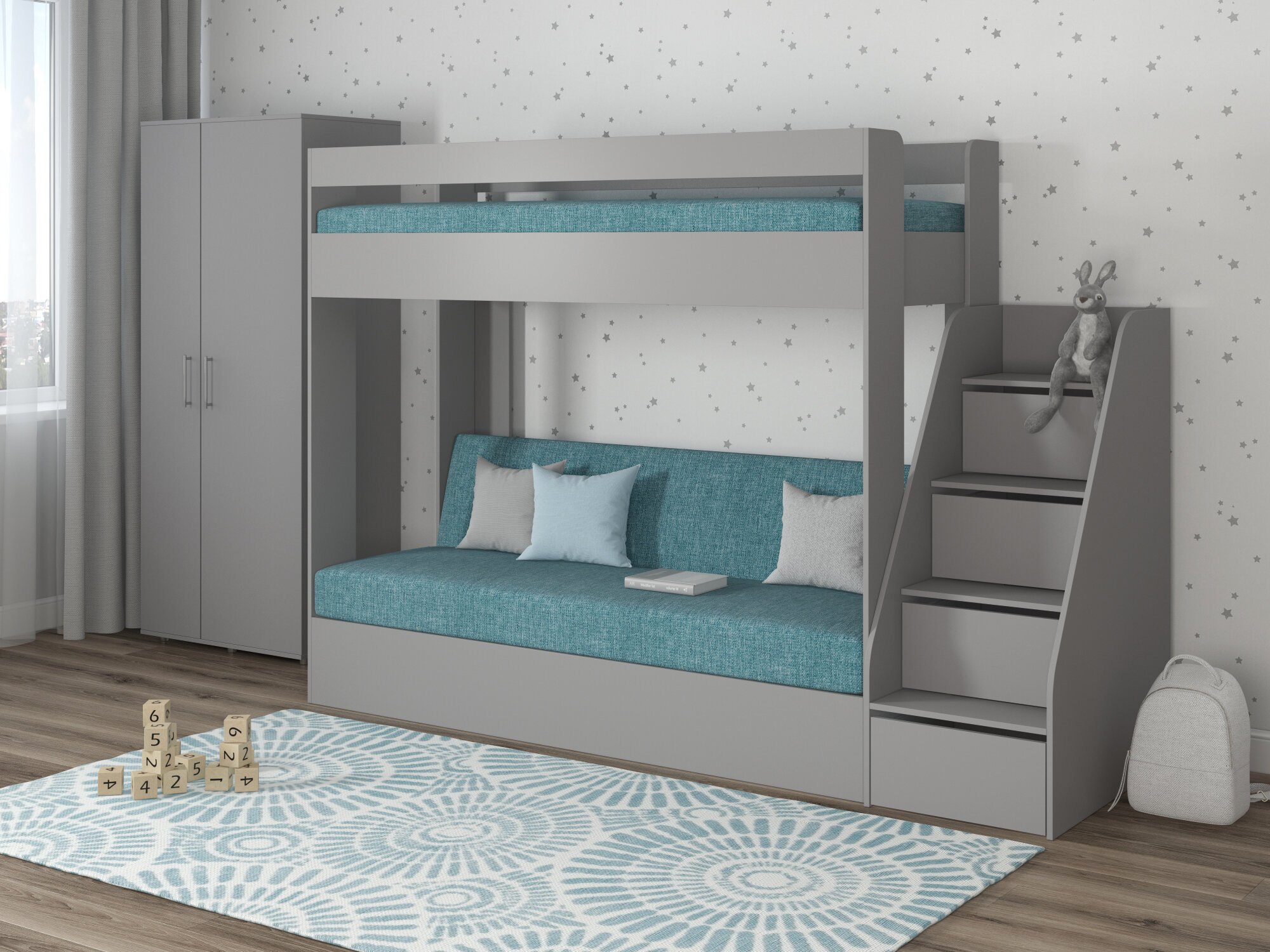 Кровать двухъярусная с диваном и лестницей-комодом Есэндвич new Лаворо (Вулканический серый/Savana Plus Lagoon)