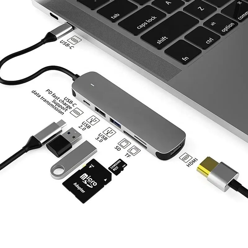 Basix 6in1 Переходник для Macbook Type-c USB на HDMI, USB Hubhoco, хаб Type-c на HDMI, хаб для макбука, USB-концентратор