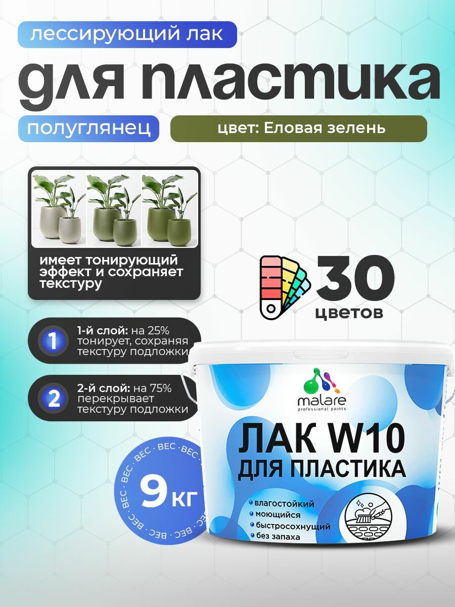 Лак колерованный тонирующий для защиты пластика Malare W10 акриловый моющийся быстросохнущий, полуглянцевый, еловая зелень, 9 кг.