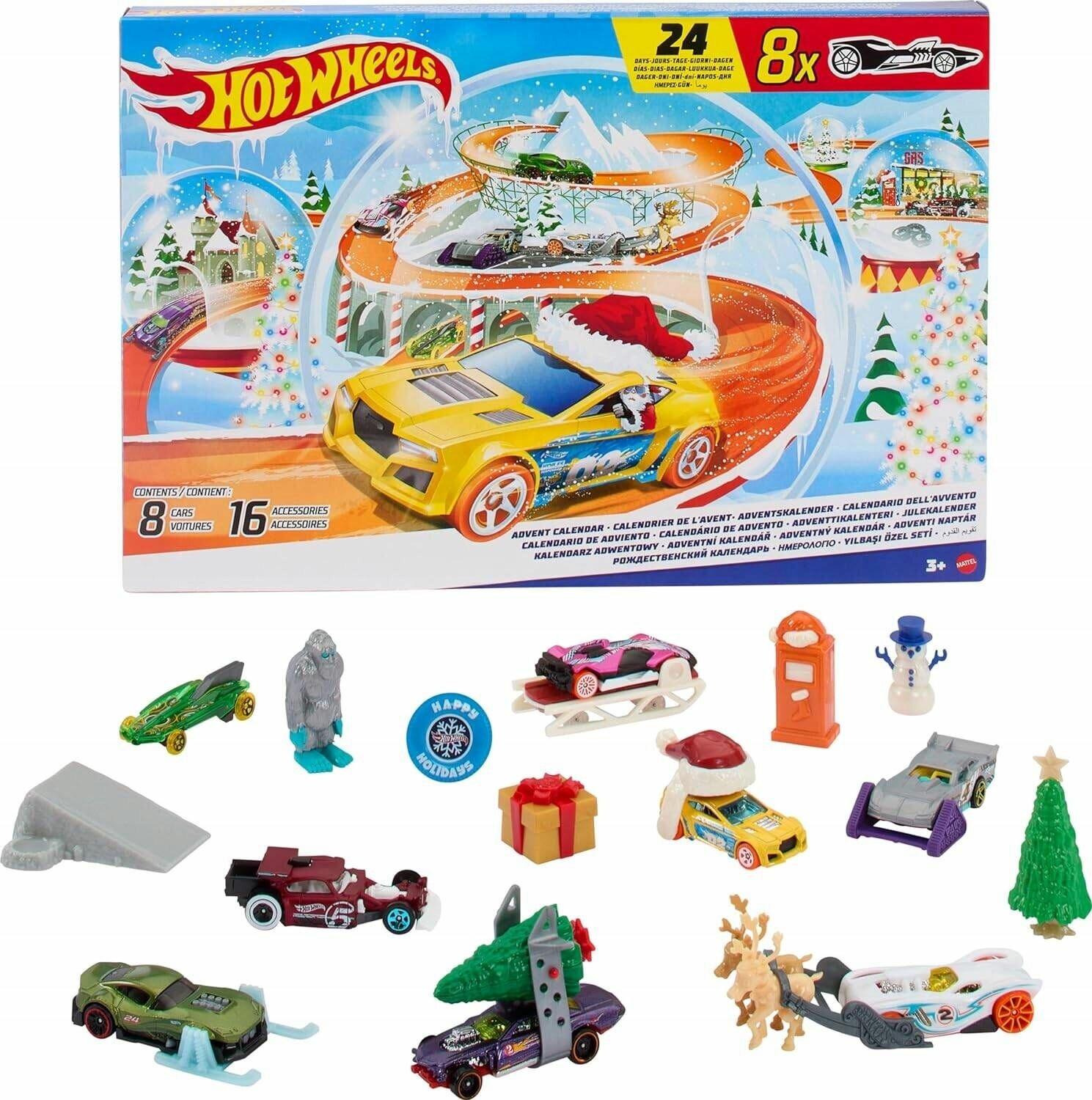 Адвент-календарь Hot Wheels 2024 - 24 окошка с 8 машинками + зимние аксессуары - Хот Вилс HTG00