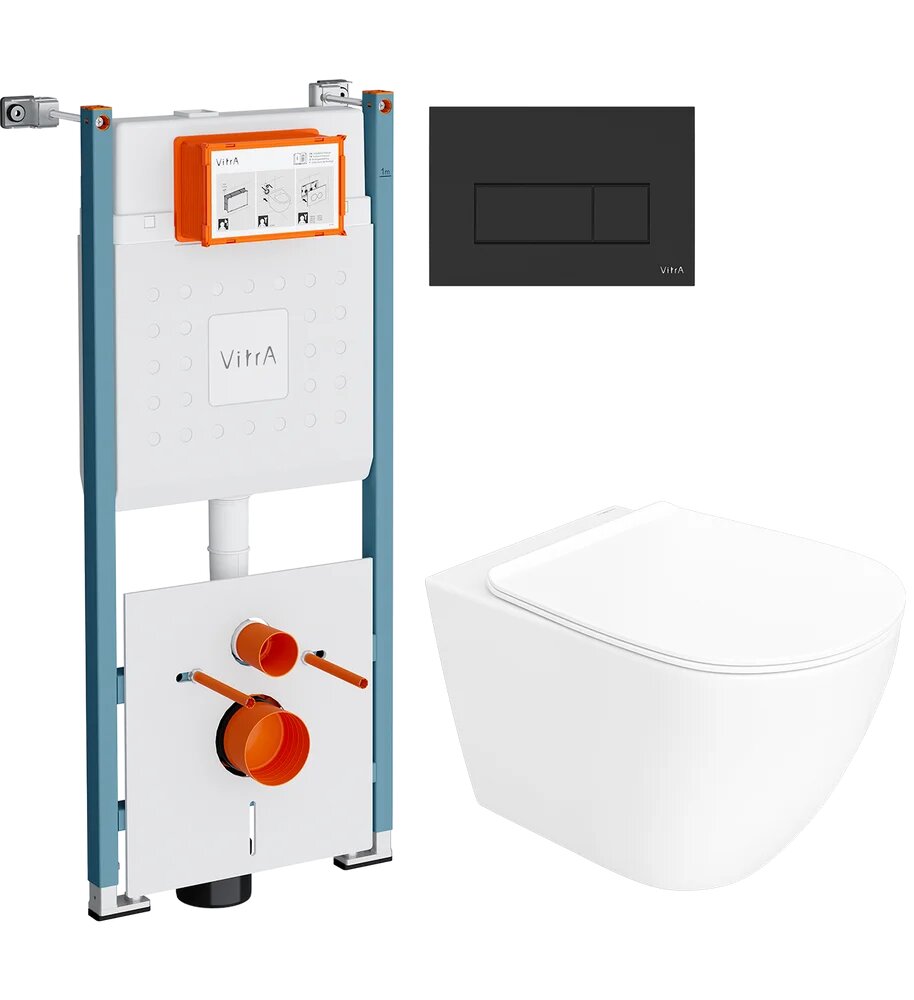 Комплект 3 в 1 Унитаз подвесной STWORKI Готланд S13401WH безободковый, с микролифтом, глянцевый белый, антивсплеск / Инсталляция VitrA V-Fix Core 732-5800-01PV / Кнопка Root Square 740-2311 цвет матов