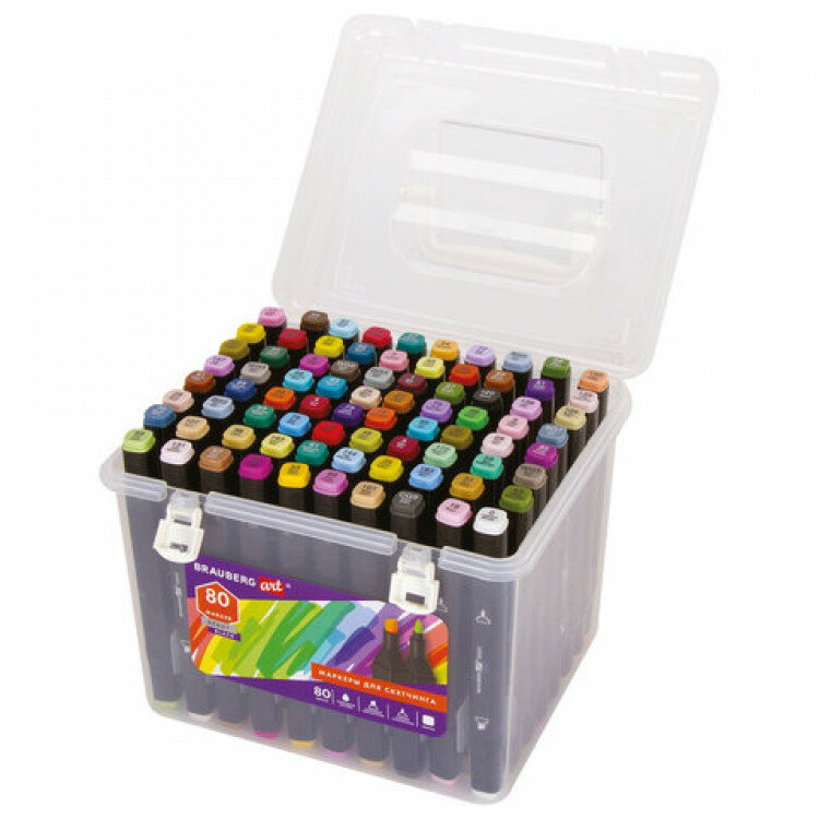 Маркеры для скетчинга двусторонние BRAUBERG ART DEBUT "BLACK", набор 80 шт, пластиковый кейс, 152132