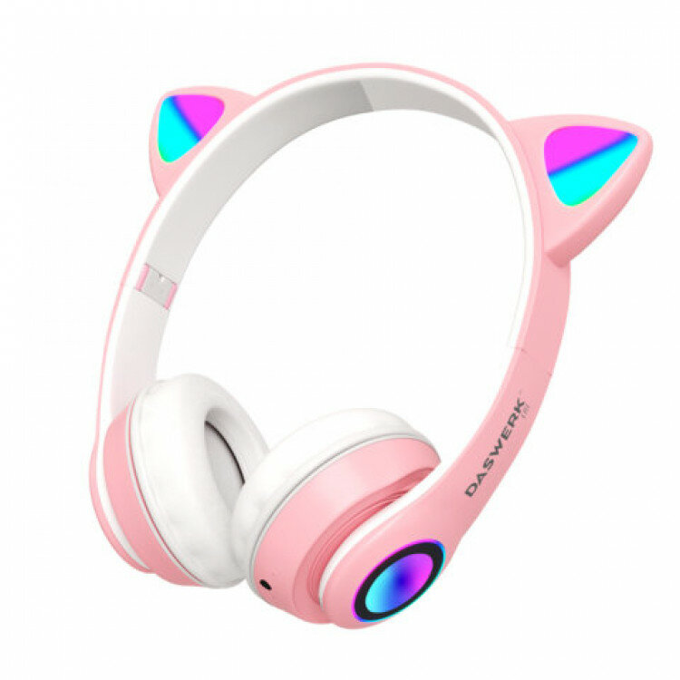 Наушники беспроводные игровые накладные, с ушками, светящиеся, розовые DASWERK (дасверк) VZV-23M, 513799