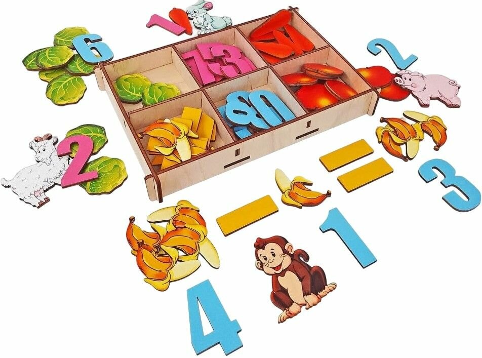 Дидактический счётный материал в коробке "Кто что съел?", 74 деревянных фигурки для развития навыка счета, обучающий набор учимся считать