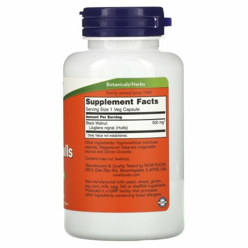 Now Foods Black Walnut Hulls Скорлупа черного ореха, 500 мг, 100 растительных капсул — фото 1