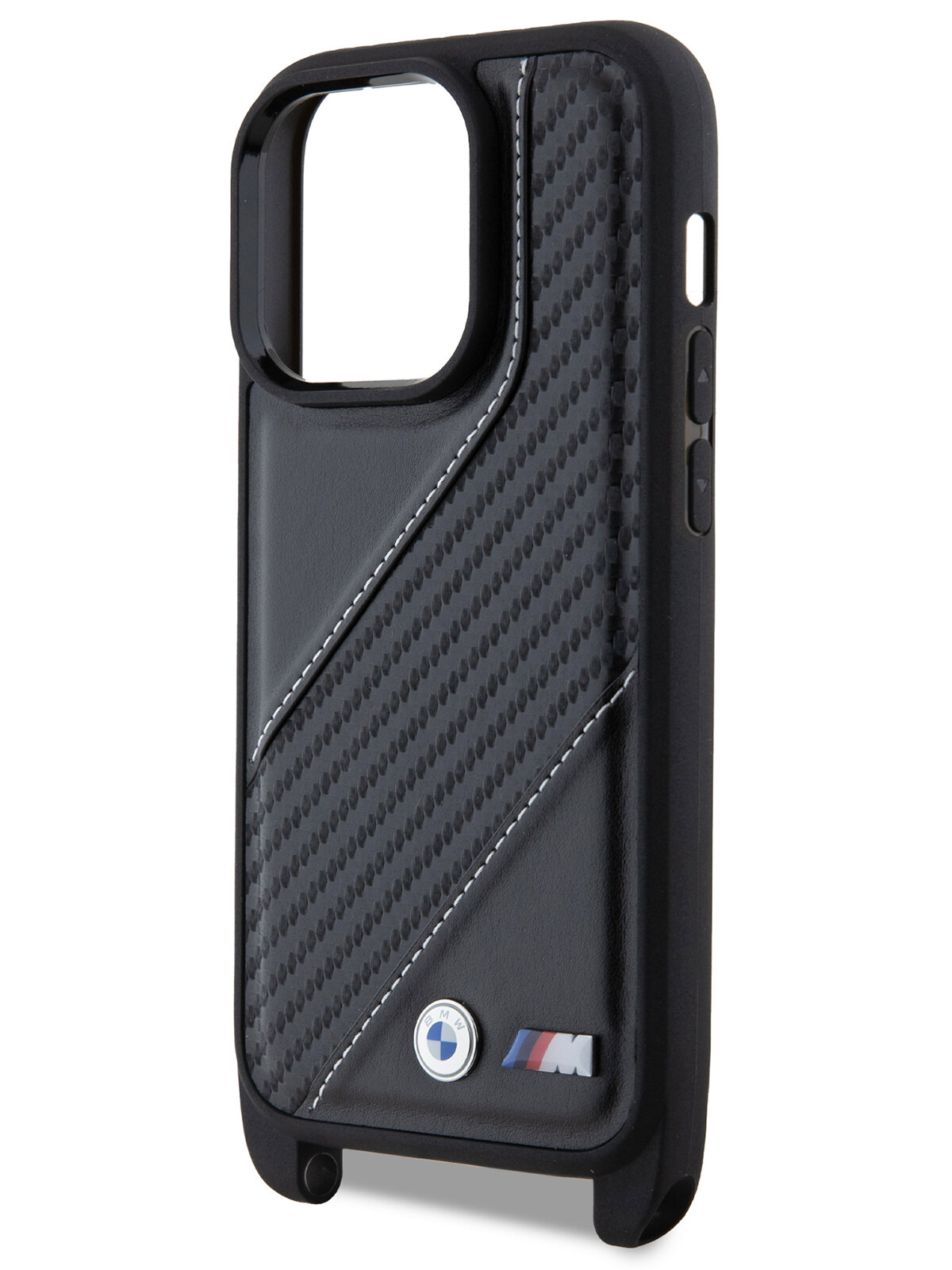 BMW для iPhone 14 Pro Max чехол Crossbody PU Carbon stripe Metal logo + Strap Hard Black