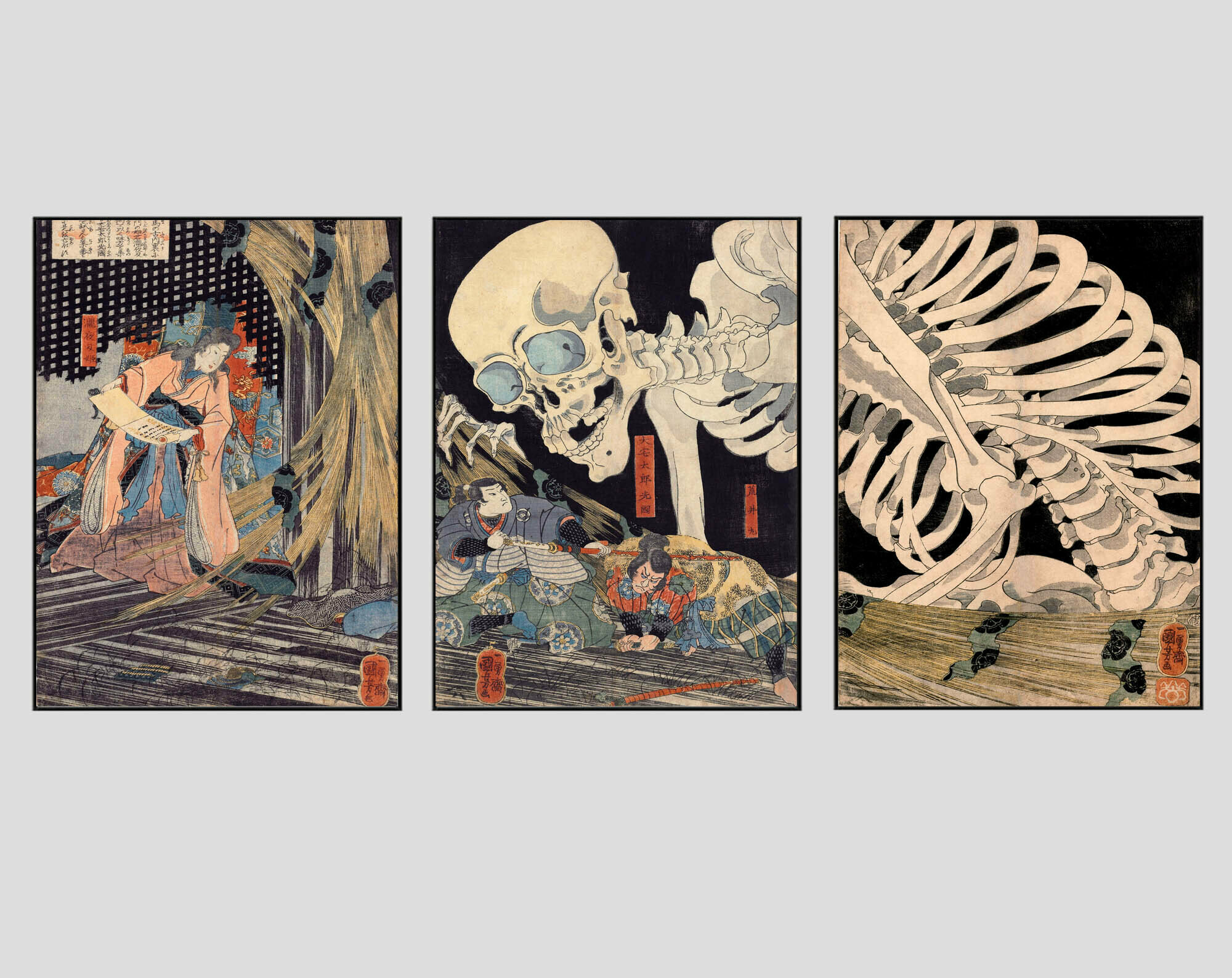 Набор постеров Японская Готика/ трио Утагава Куниёси Скелет Череп 3 шт размер A3/ Японское искусство Самурай и Смерть