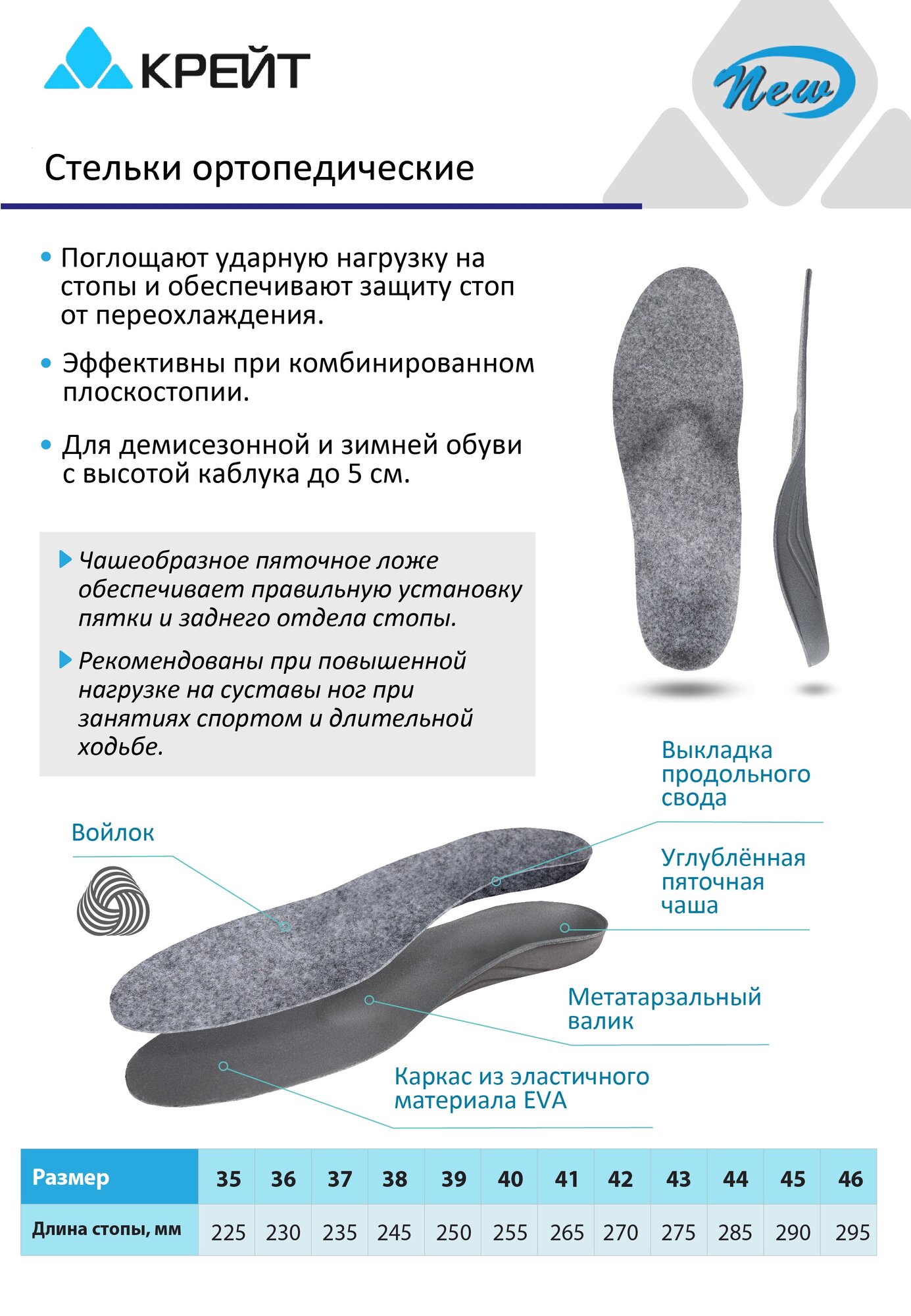 Стельки ортопедические зимние, каркасные, Крейт, размер 43