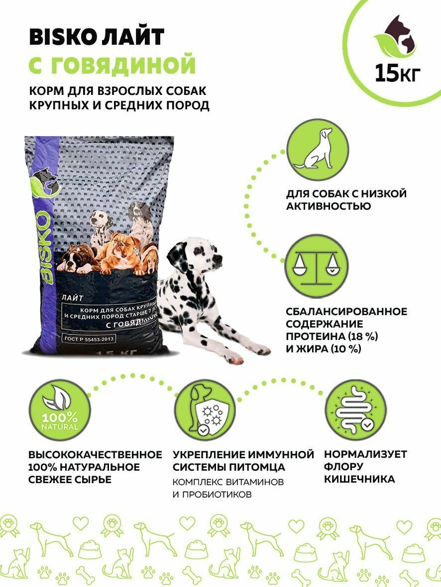 Биско Лайт 15 кг. Сухой корм для взрослых собак крупных и средних пород с излишним весом и престарелых собак.