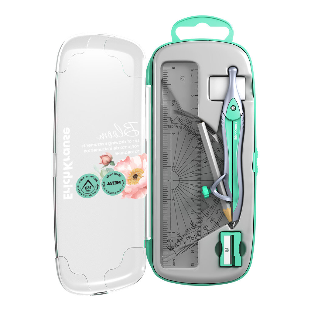 Набор чертежный 7пр. Pastel Bloom пласт. пенал зеленый ERICH