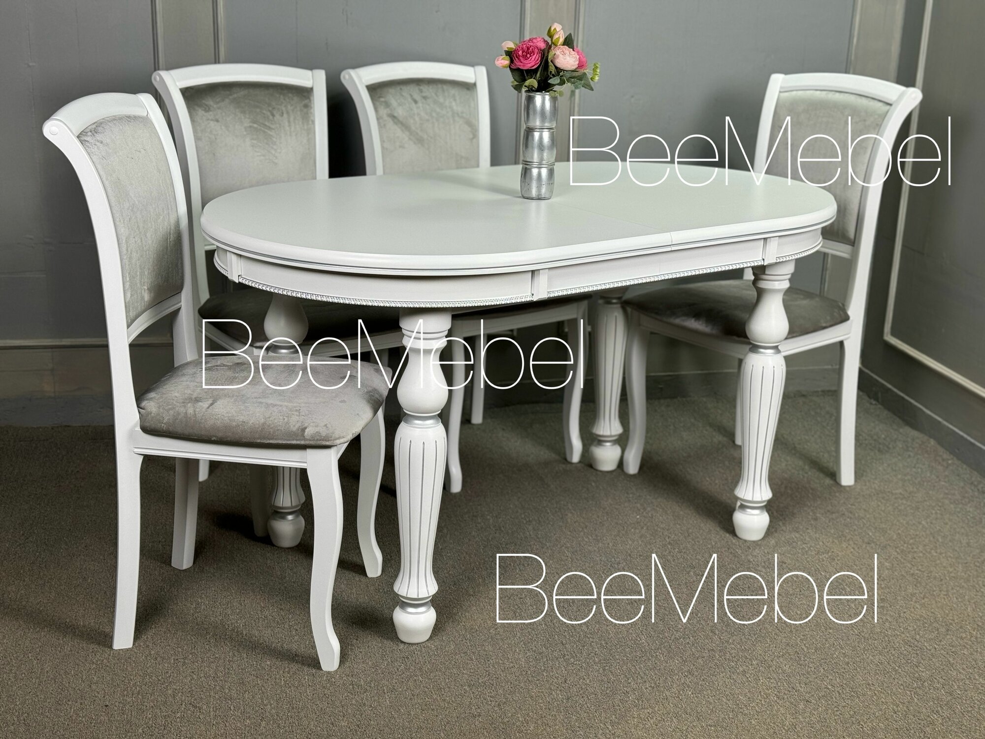 Обеденная группа "Белый с патиной", стол и стулья, МДФ/бук, 180х80 см