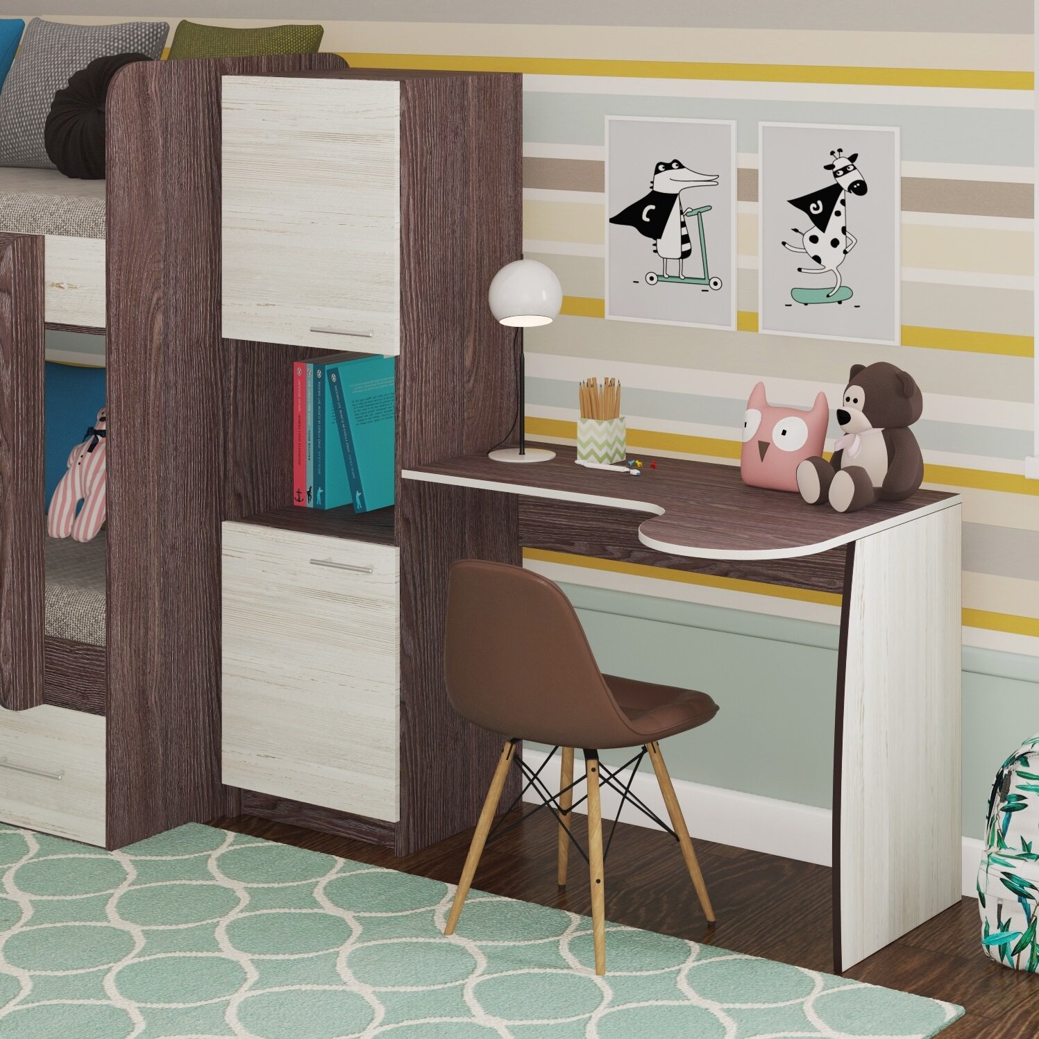 Письменный стол со стеллажом, с пеналом, Есэндвич Лаворо, 145x67,5х150 см, левый (Анкор тёмный/Сосна винтерберг)