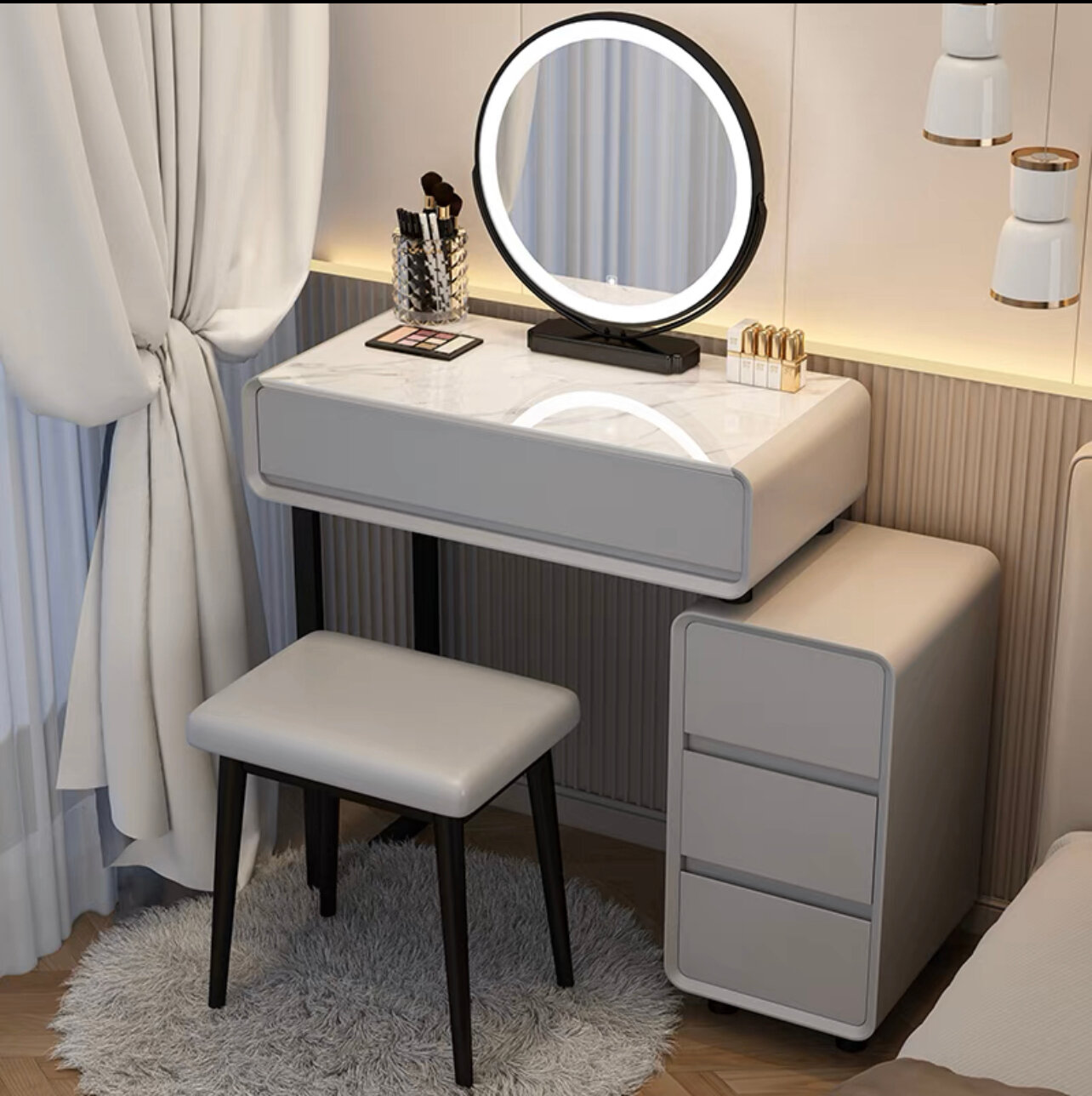 Туалетный столик Leah (Комплект серый стол 60 см / черное зеркало / форма зеркала на выбор / столешница керамика / стул)